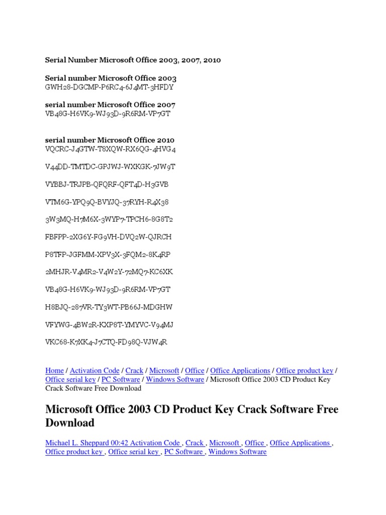 Serial Number Microsoft Office 2003 | PDF | Microsoft Office ...