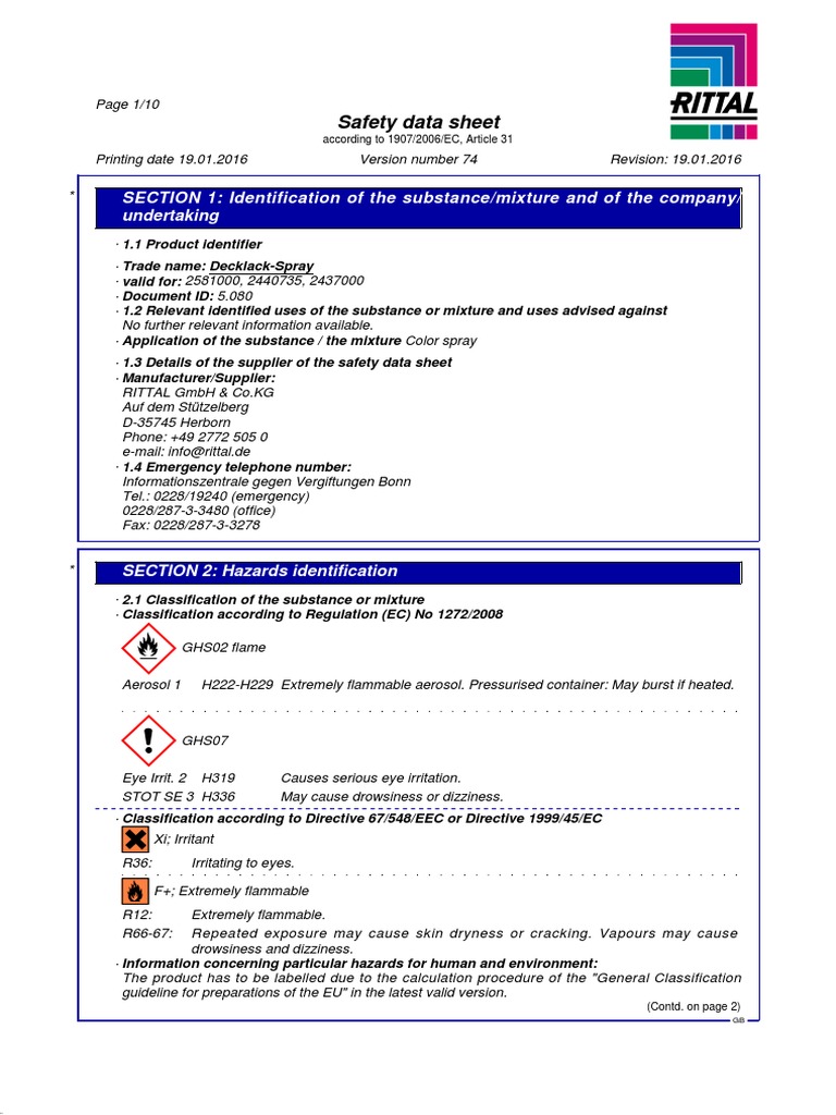 Rittal 2440735 Safety Data Sheet 3 2462 | Dangerous Goods | Toxicity