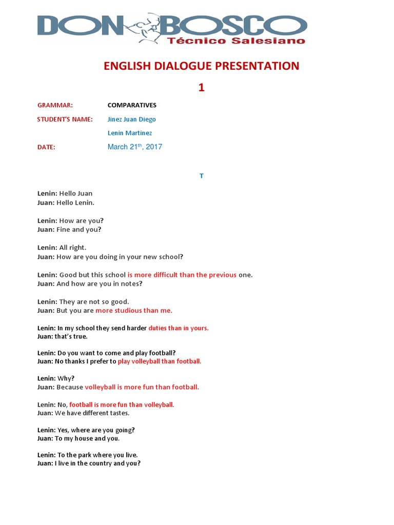 English Dialogue Presentation 1: Grammar: Student'S Name | PDF ...