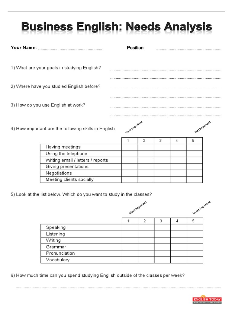 Business English Needs Analysis | PDF | English Language | Linguistics
