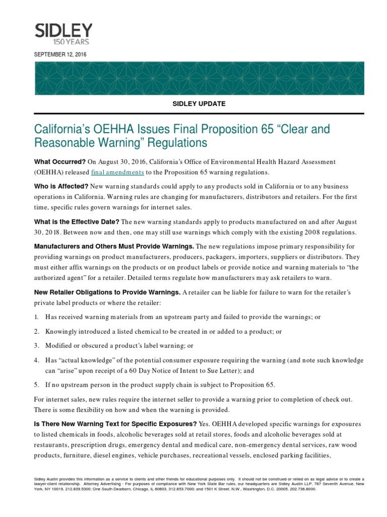 California's OEHHA Issues Final Proposition 65 "Clear and Reasonable ...