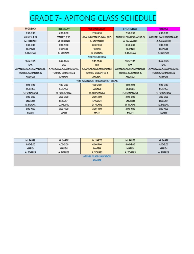Grade 7 Apitong List of Schedule | PDF