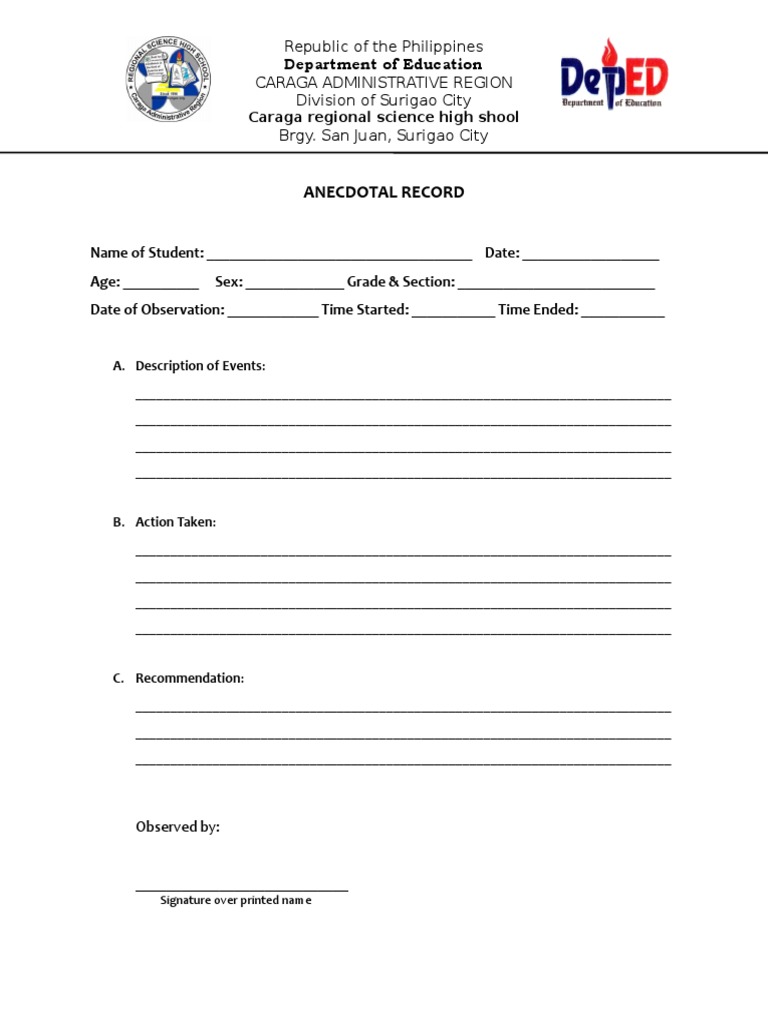 Anecdotal Record Template for Students | PDF | Social Psychology ...