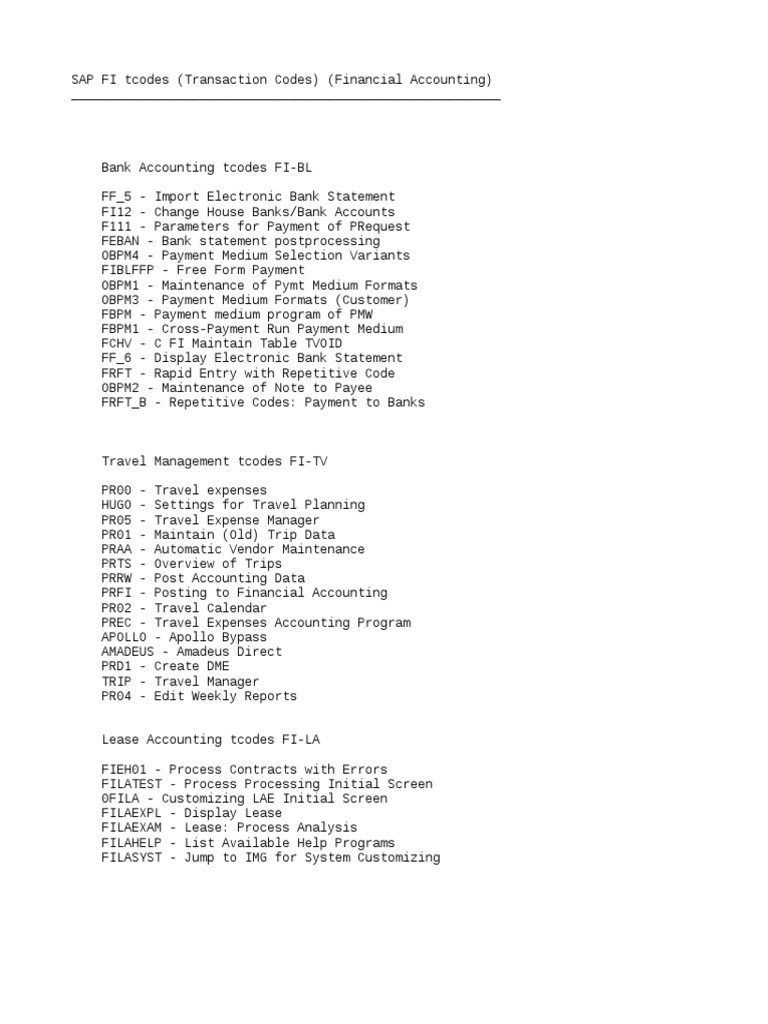 A Comprehensive List of SAP FI (Financial Accounting) Transaction Codes ...