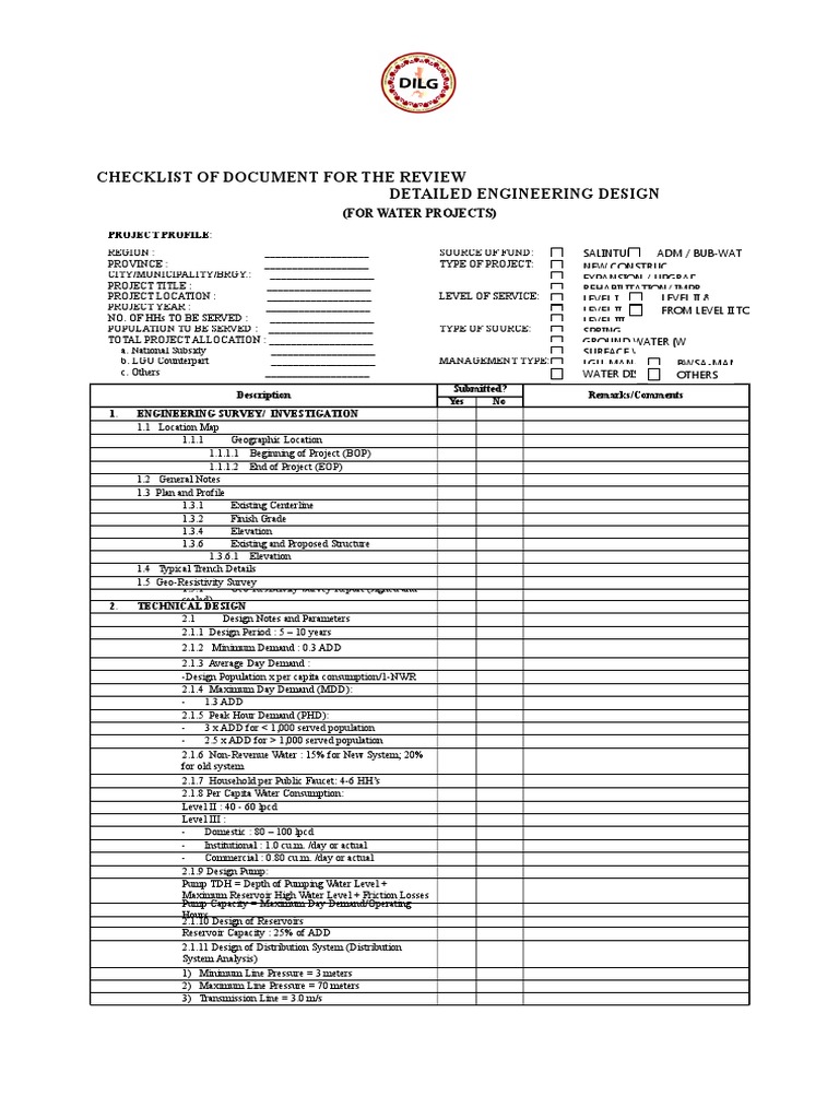 DED Checklist Water | Reservoir | Fresh Water
