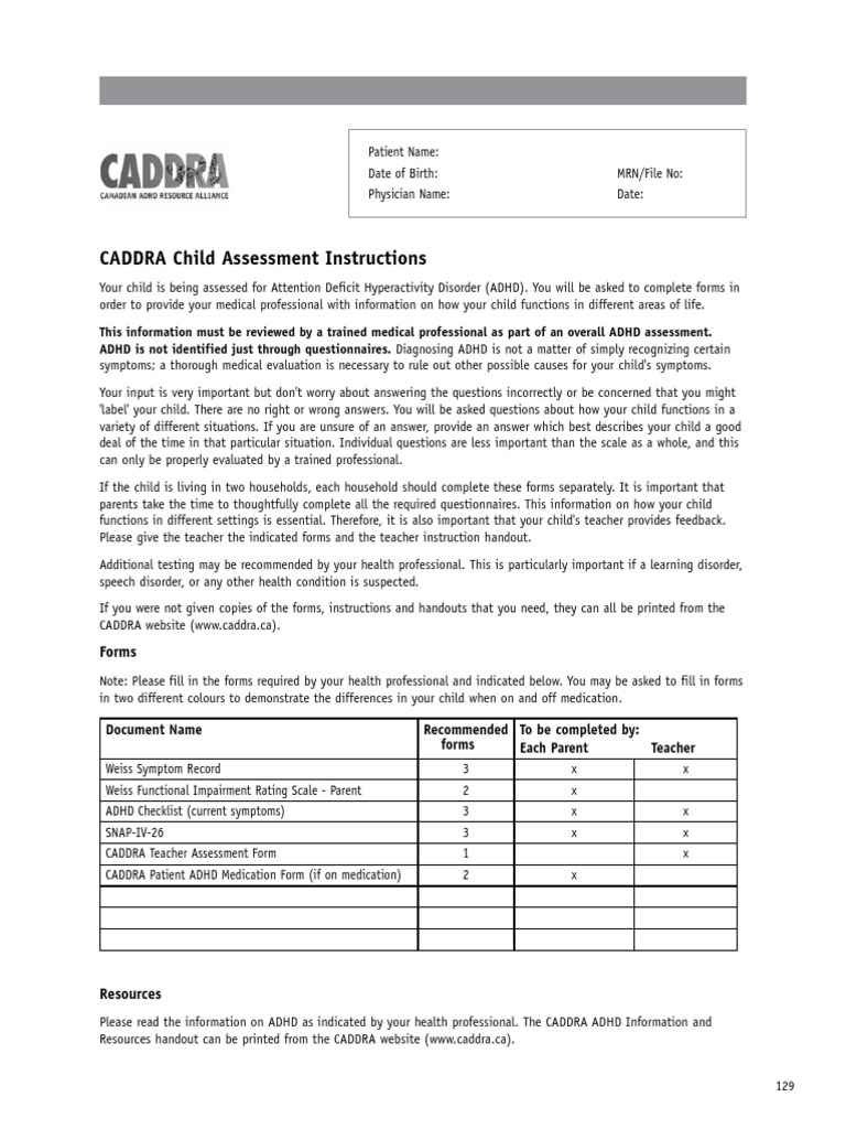CADDRA Child Assessment Instructions: Forms | Mania | Attention Deficit ...