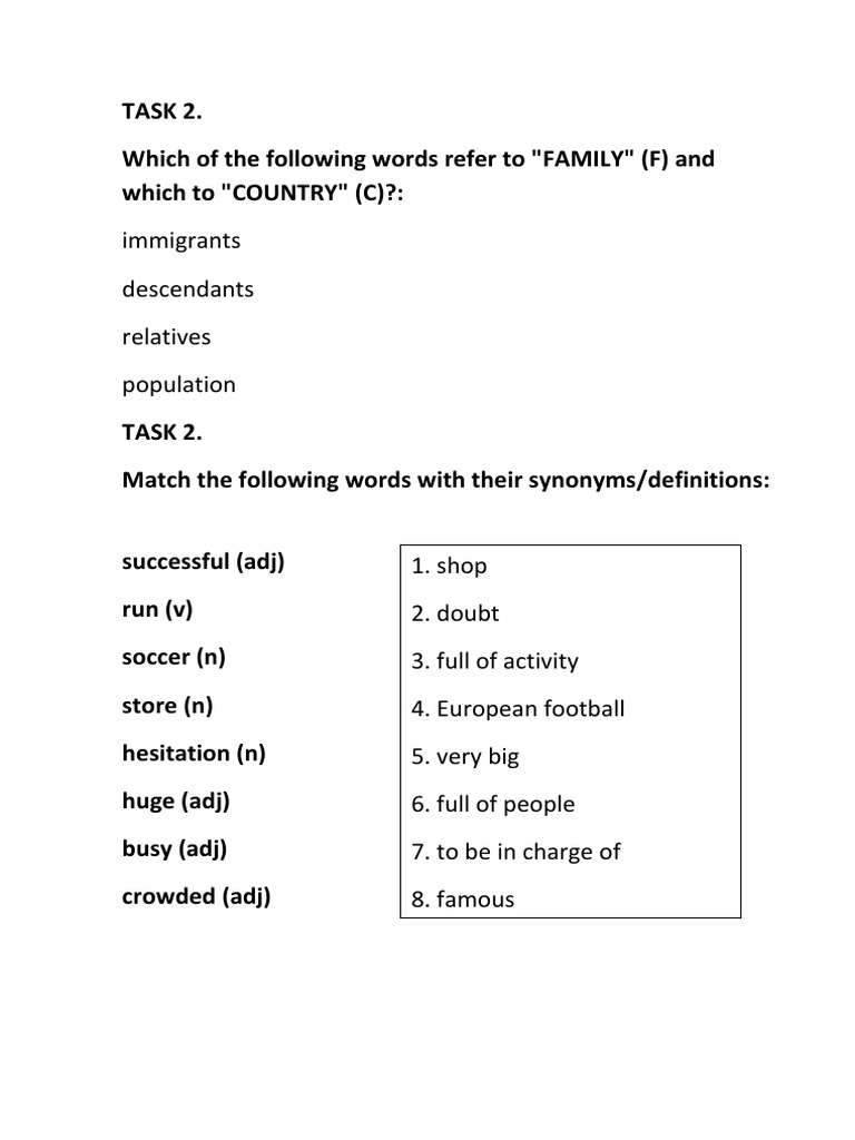 Synonyms and Definitions Matching Task | PDF | Sports & Recreation ...