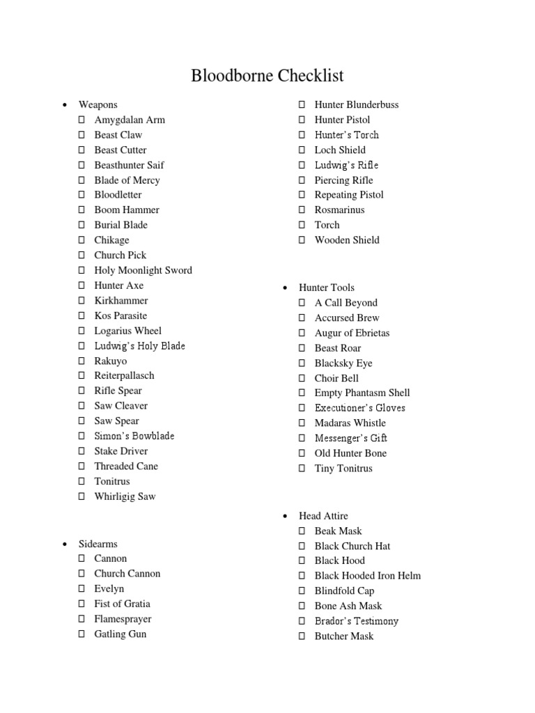 Bloodborne Checklist | PDF | Clothing | Softlines (Retail)