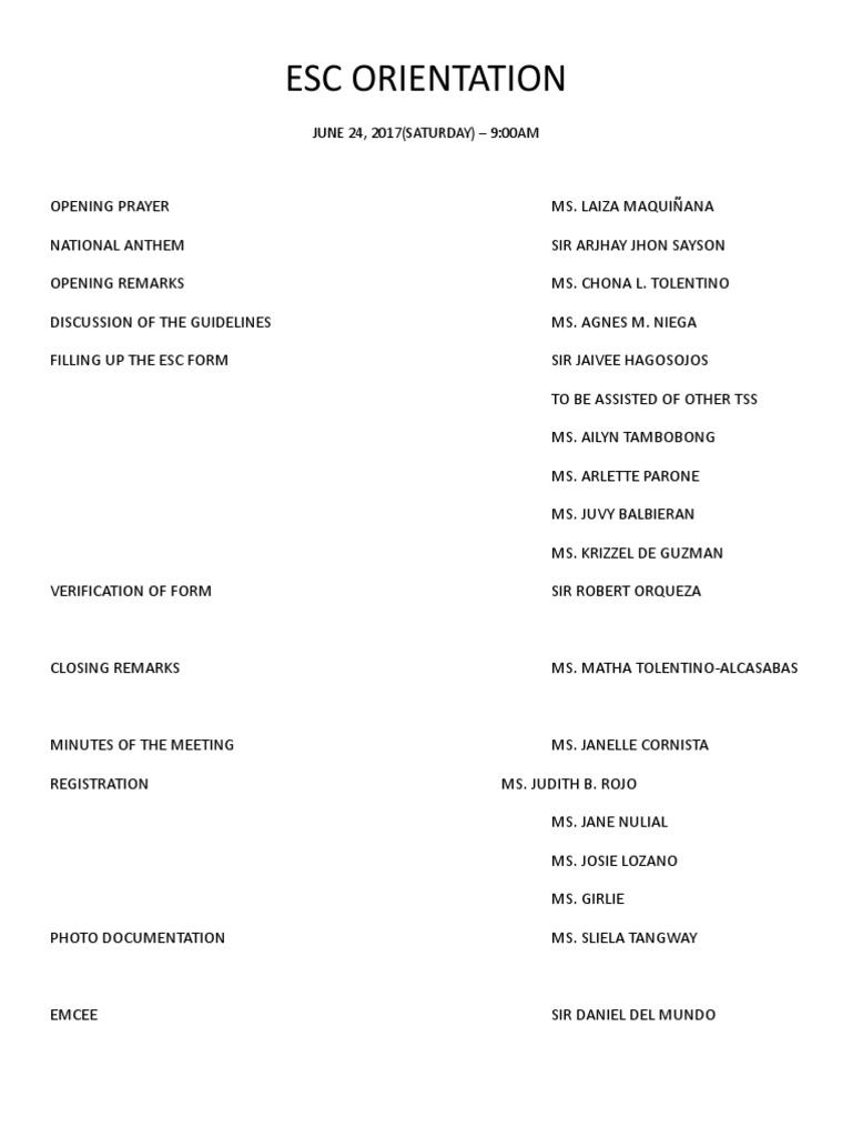 Esc Orientation: JUNE 24, 2017 (SATURDAY) - 9:00AM | PDF