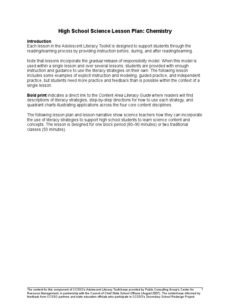 High School Chemistry Lesson Plan | PDF | Reading (Process) | Cognition