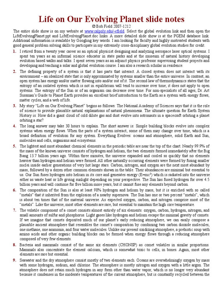 Life On Our Evolving Planet Slide Notes: WWW - Calpoly.edu/ Rfield ...