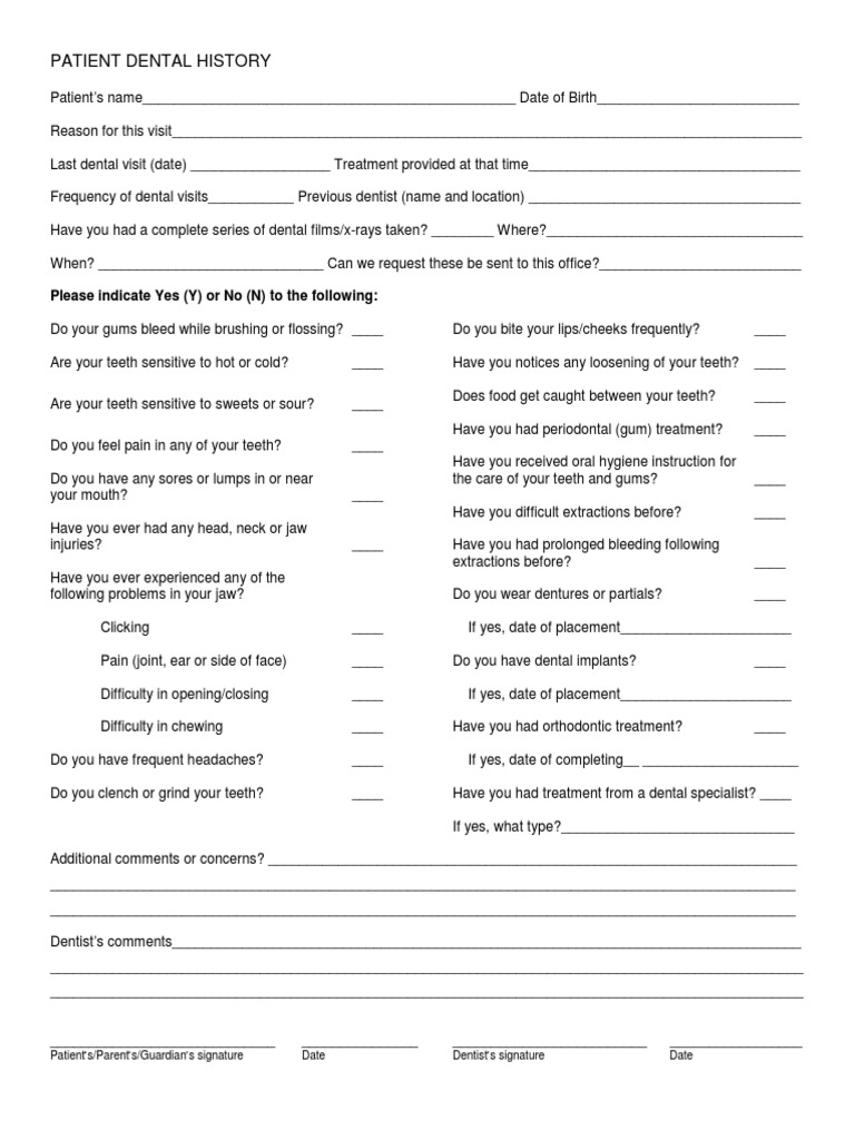 Sample Dental History | PDF | Dentist | Dentistry