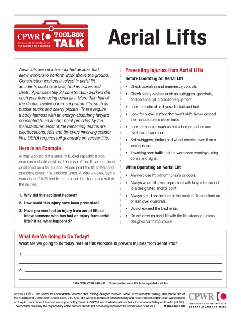 Aerial Lifts: Toolbox | PDF | Elevator | Occupational Safety And Health ...