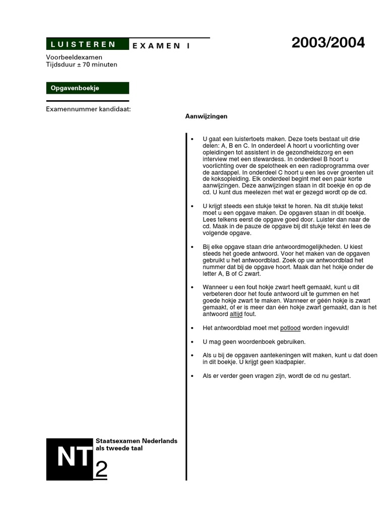 Examen NT2 Programma I Luisteren 2003-2004 | PDF