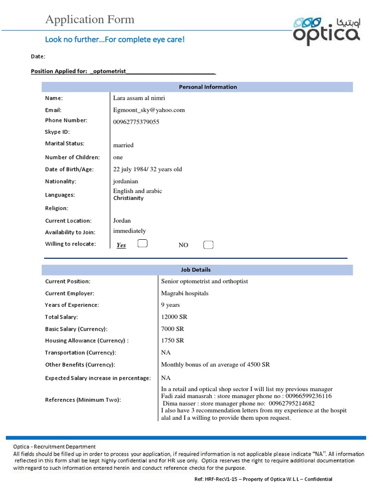 Optometrist Application Form Template | PDF