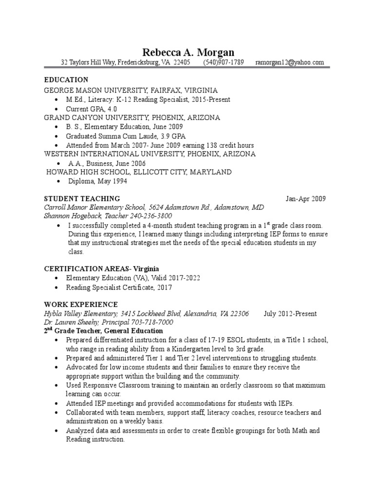 Beckys Resume 2017 | PDF | Individualized Education Program | Teaching