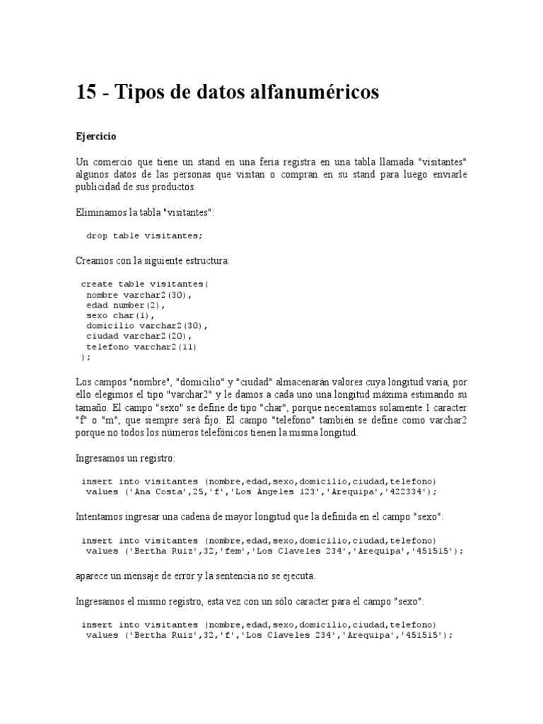 15 Tipos de Datos Alfanuméricos - Ejercicios | PDF