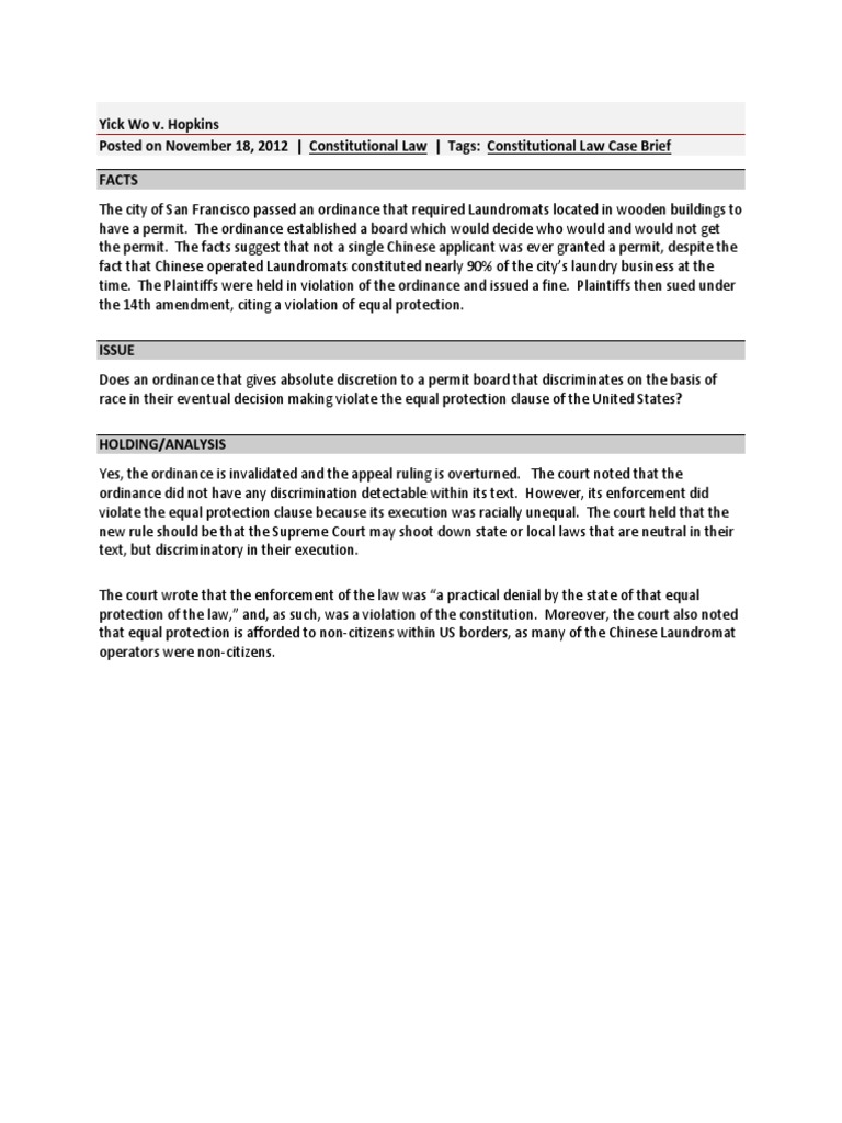 Yick Wo v. Hopkins Posted On November 18, 2012 - Constitutional Law ...