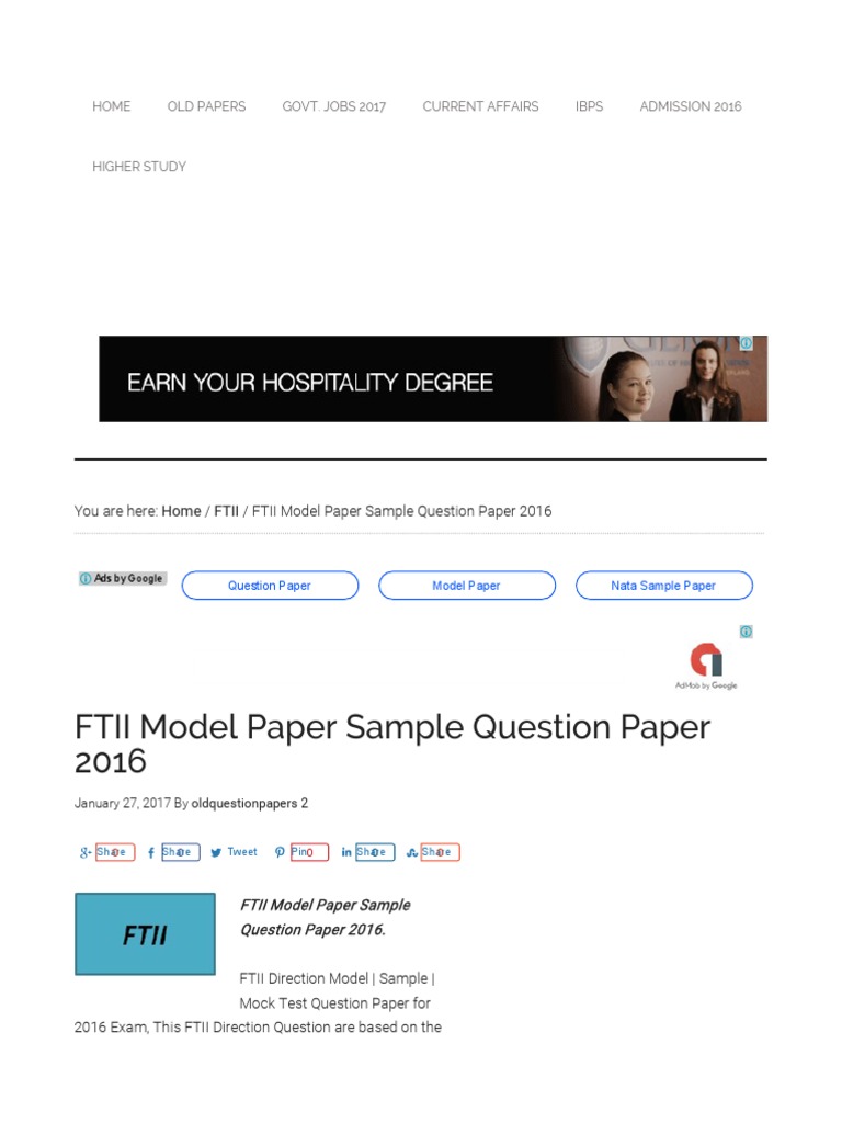 FTII Model Paper Sample Question Paper 2016: Home Old Papers GOVT. JOBS ...