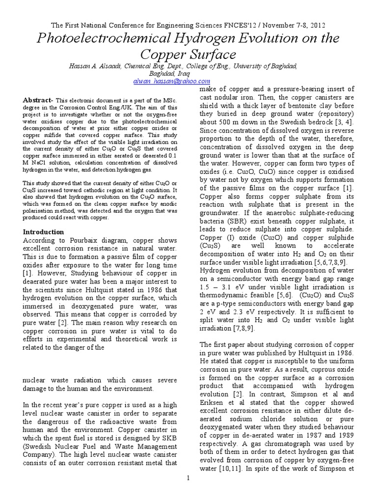 Photoelectrochemical Hydrogen Evolution On The Copper Surface | PDF ...