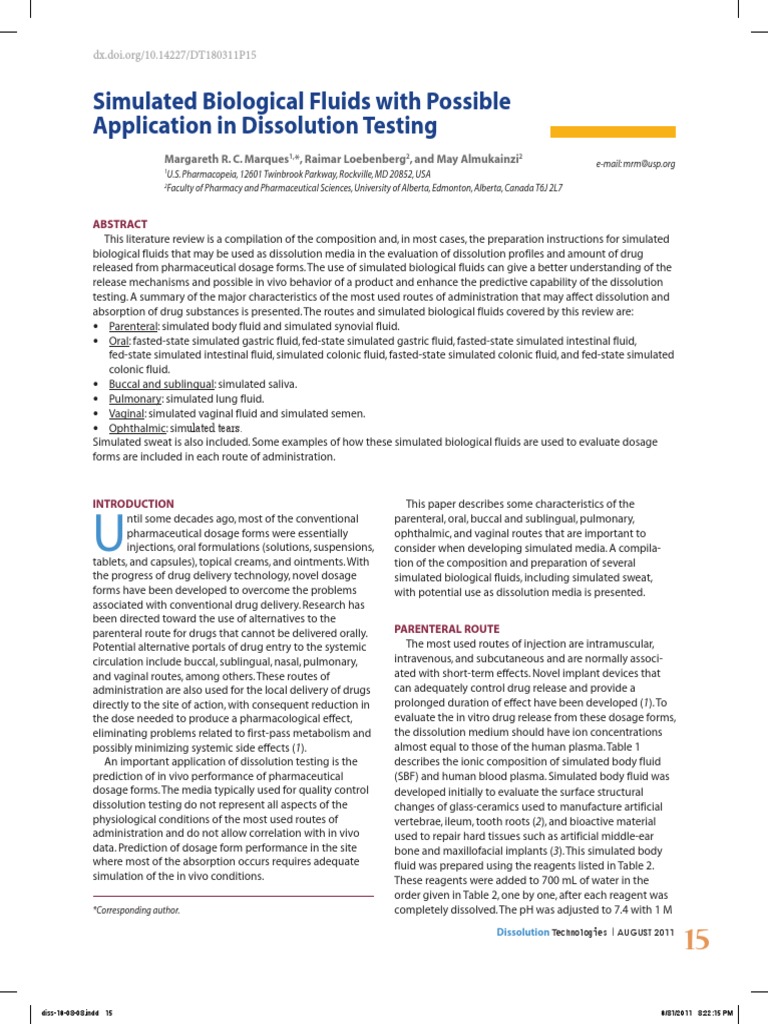 Simulated Biological Fluids With Possible Application in Dissolution ...