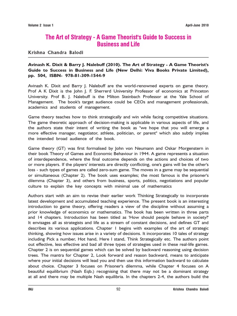 The Art of Strategy A Game Theorists Guide To Success in Business and ...