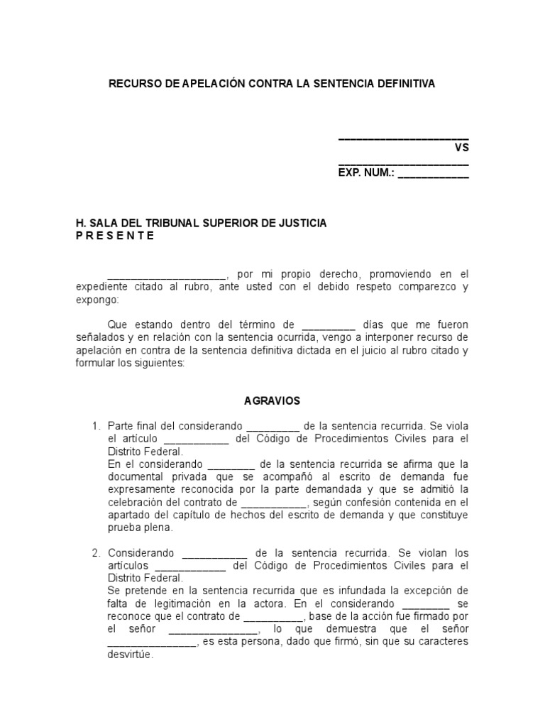 Recurso de Apelacion Contra La Sentencia Definitiva | PDF | Sentencia (Ley) | Demanda judicial