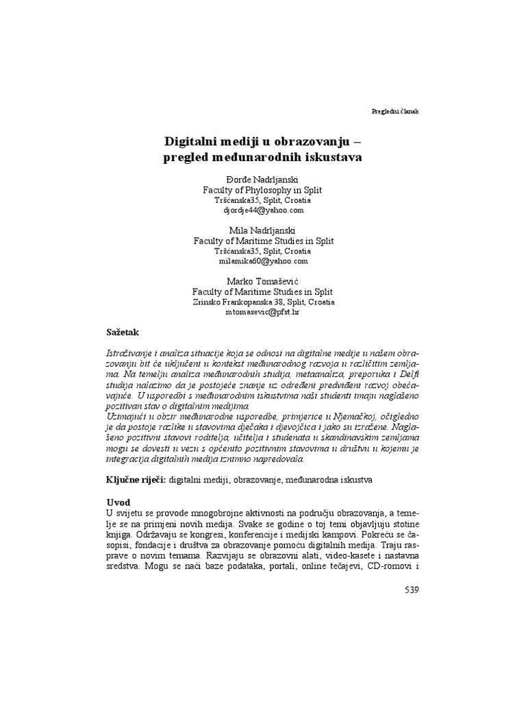 Digitalni Mediji U Obrazovanju - Pregled Medunarodnih Istrazivanja | PDF