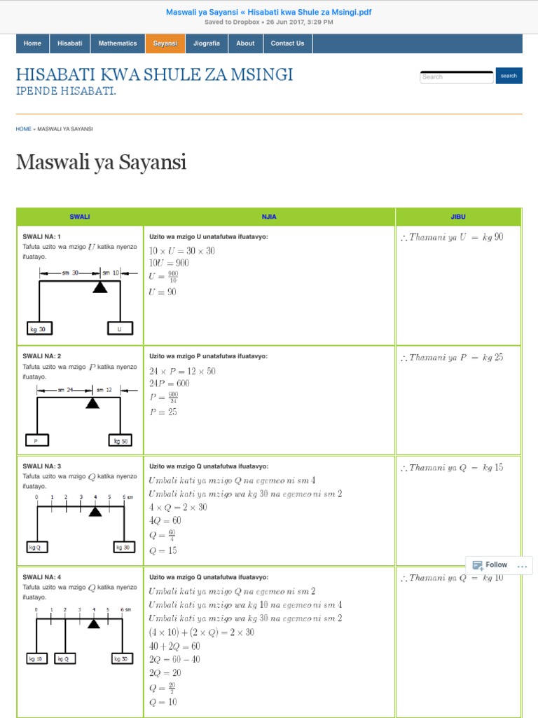 Maswali Ya Sayansi Hisabati Kwa Shule Za Msingi | PDF