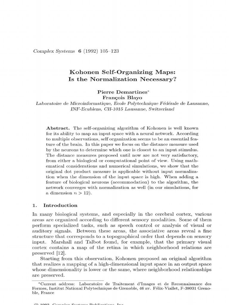 Kohonen Self-Organizing Maps: Is The Normalization Necessary? | PDF ...