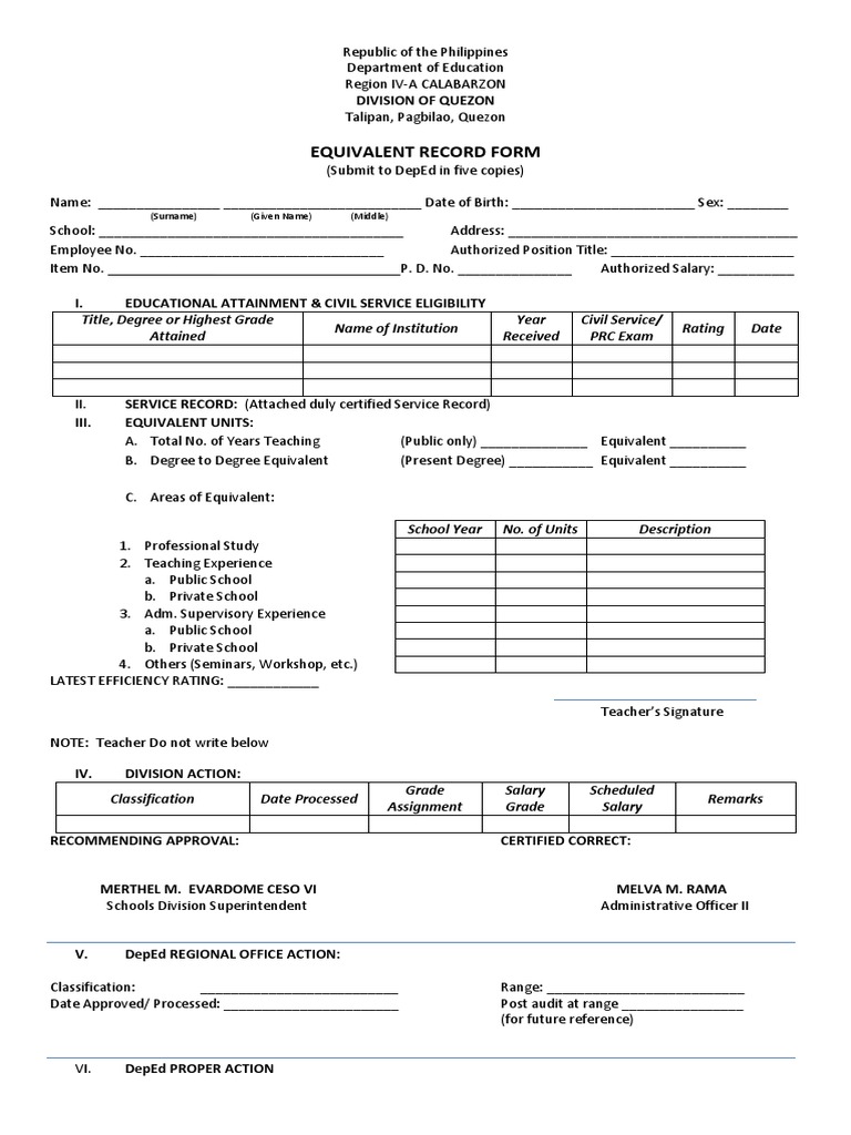 Equivalent Record Form | PDF | Academia | Teachers