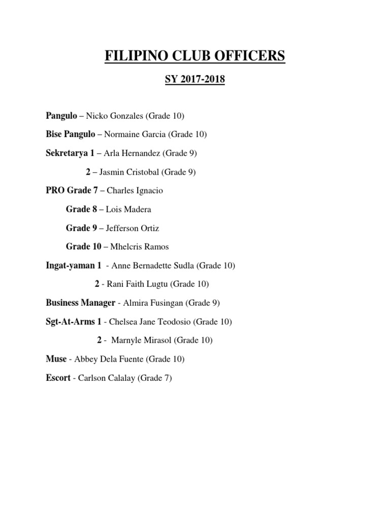 Filipino Club Officers 2017-2018 | PDF