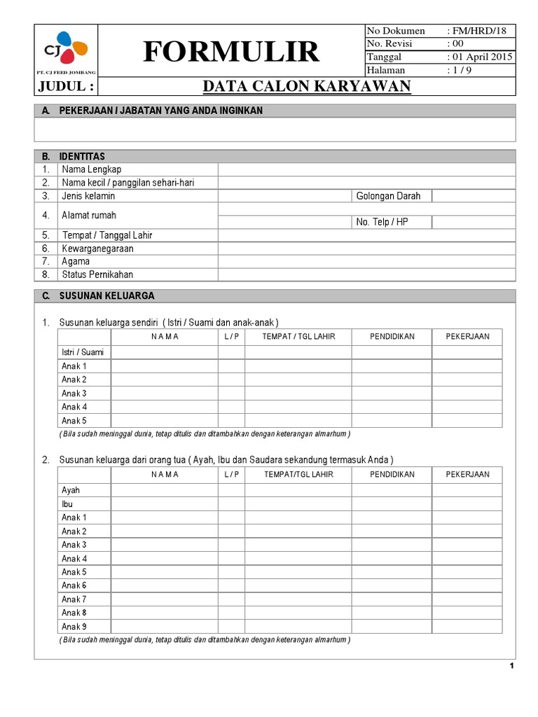 Form Data Calon Karyawan | PDF