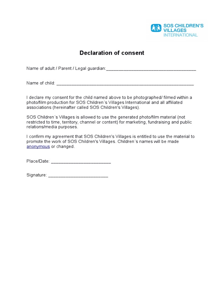 Consent for Photography and Filming of Child for Promotional Use by SOS ...