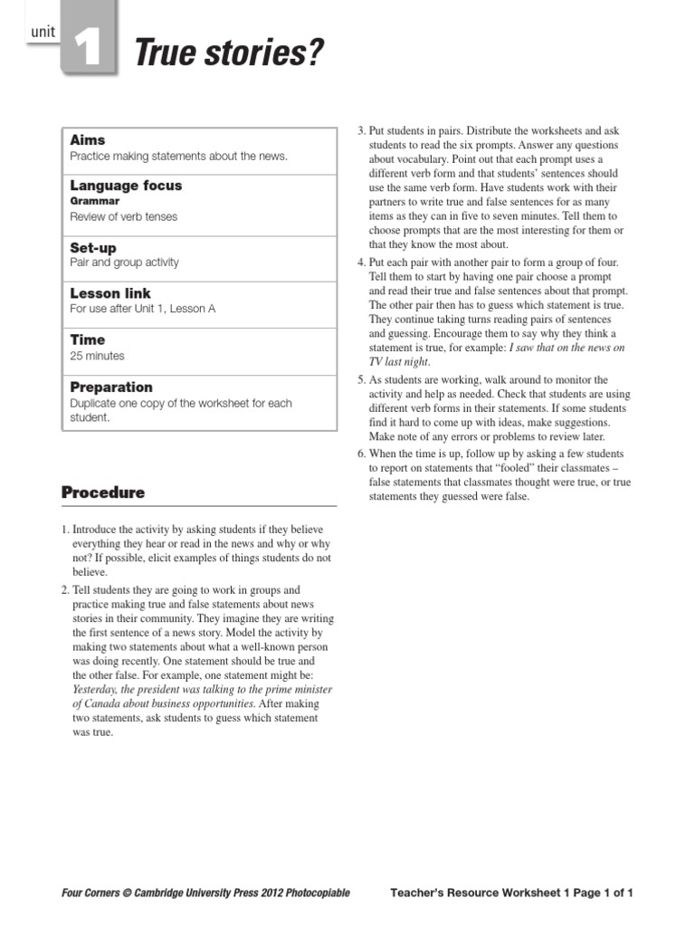 Four Corners Level4 Unit1 Practice Making Statements About The News ...