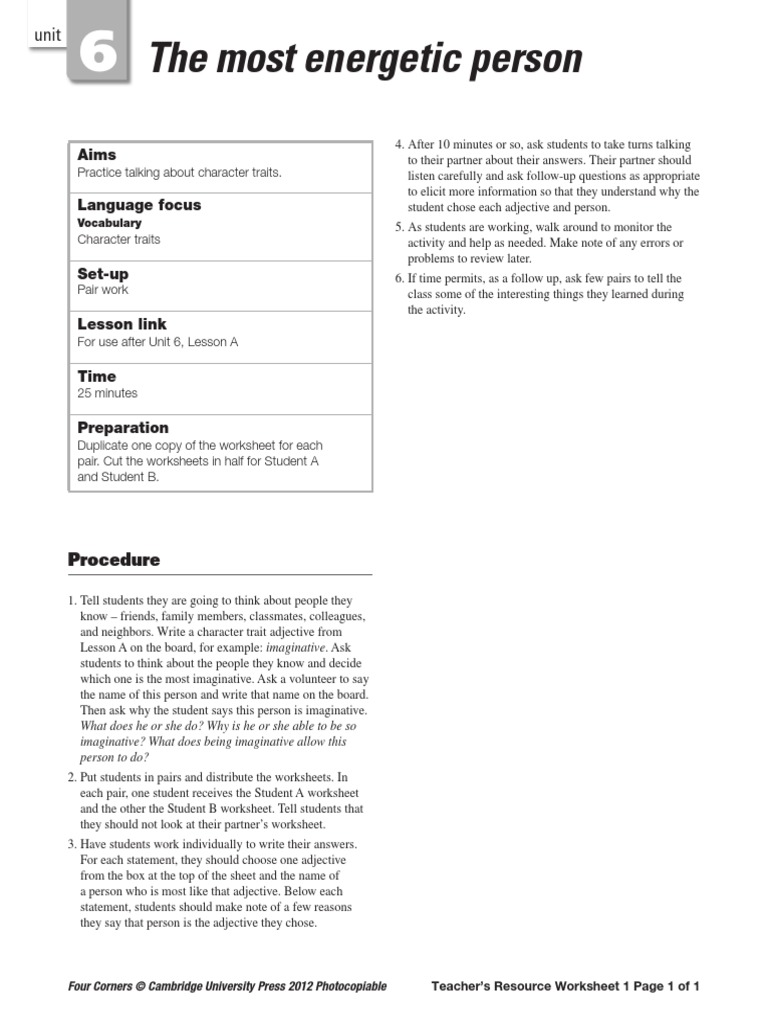 Four Corners Level4 Unit6 Talking About Character Traits. | PDF