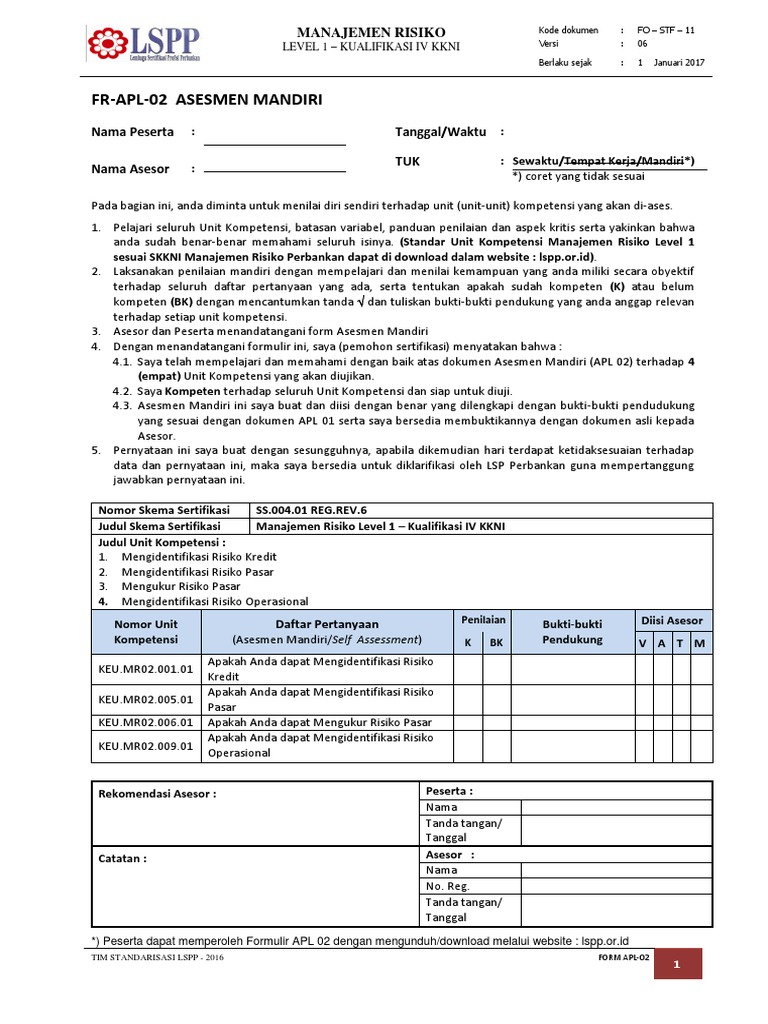 Formulir Apl 02 - MR Level 1 Reg 1 | PDF