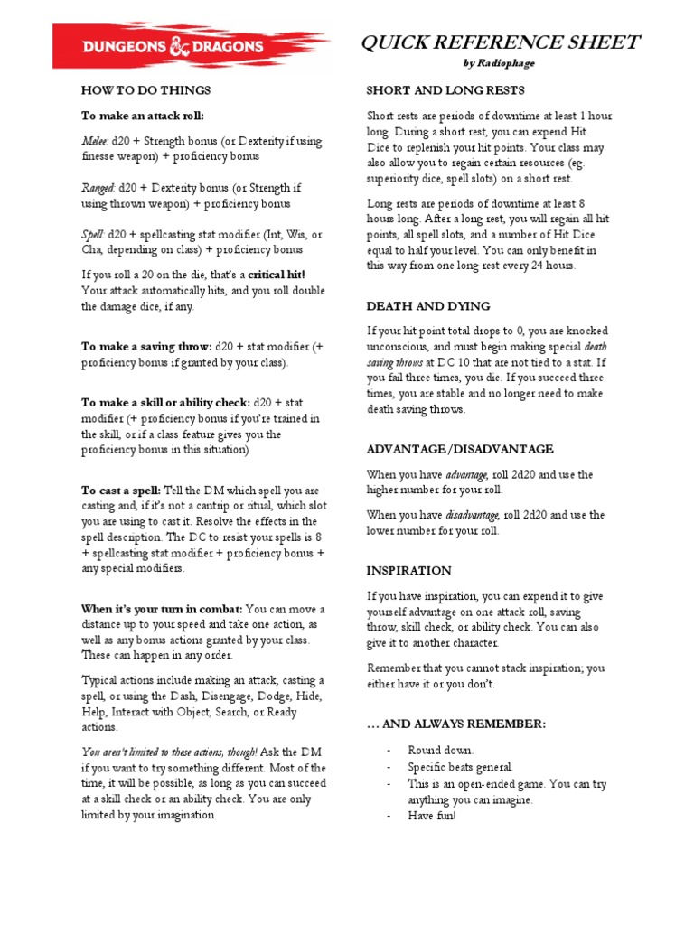 5E Quick Reference Sheet v2 | PDF | Dice | Role Playing