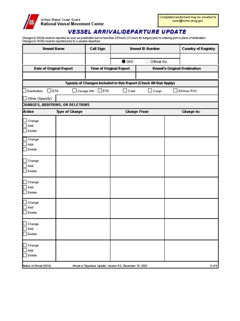 Vessel Arrival/Departure Update: National Vessel Movement Center | PDF