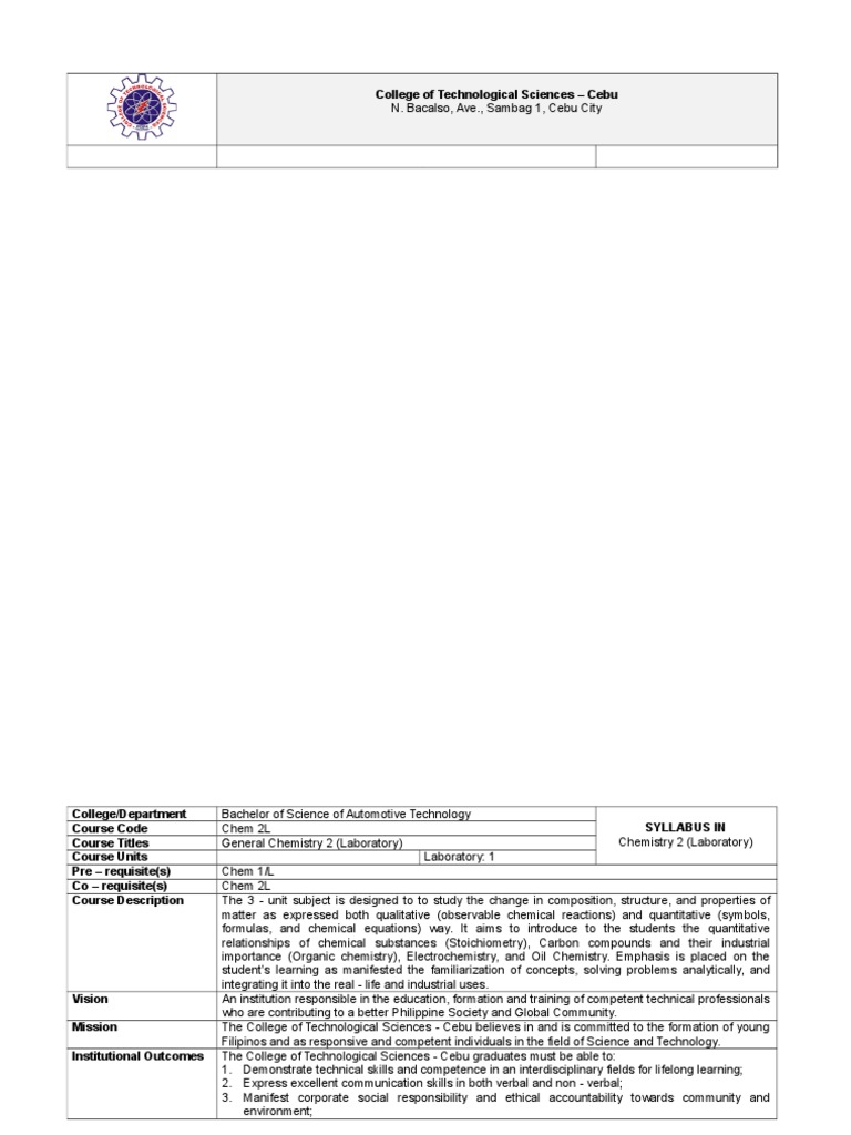 Syllabus OBE (BSAT) Chem 2 Laboratory | PDF | Redox | Laboratories