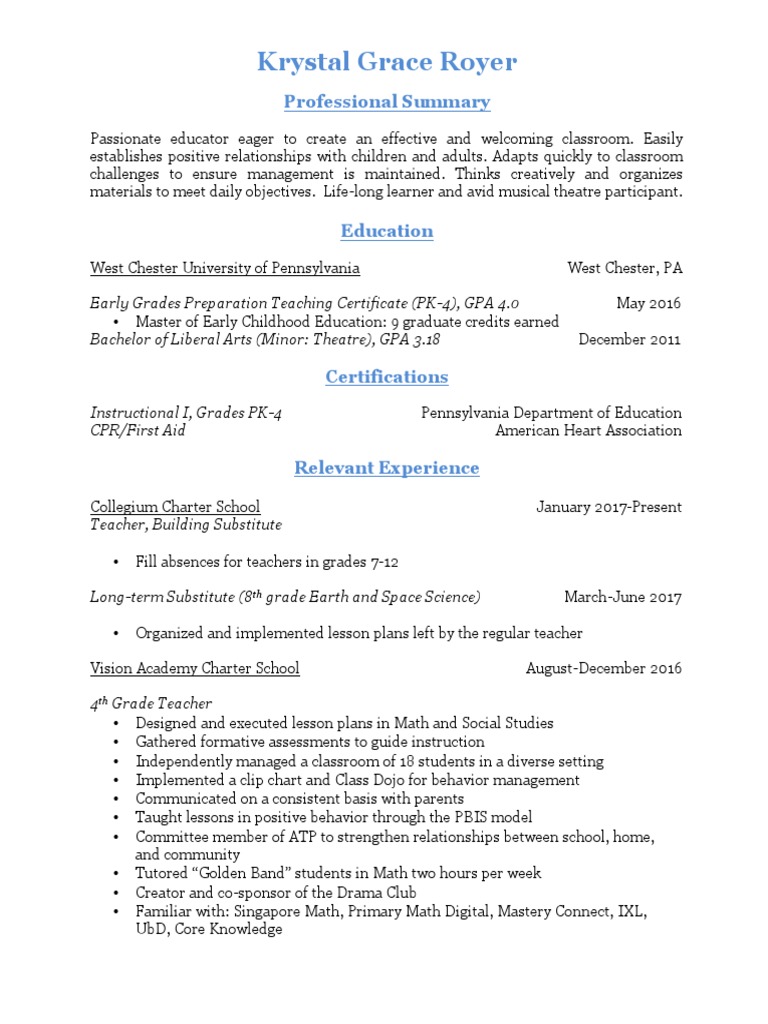 Krystal Royer Resume | PDF | Lesson Plan | Teachers