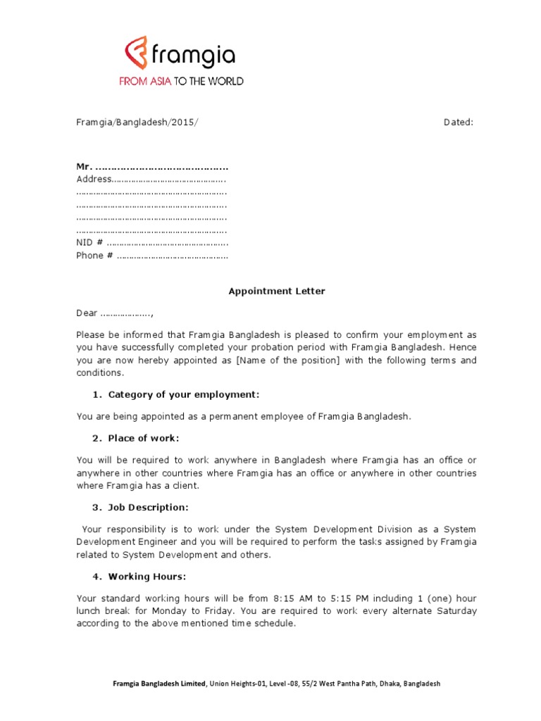 Appointment Letter Template | PDF | Working Time | Employment