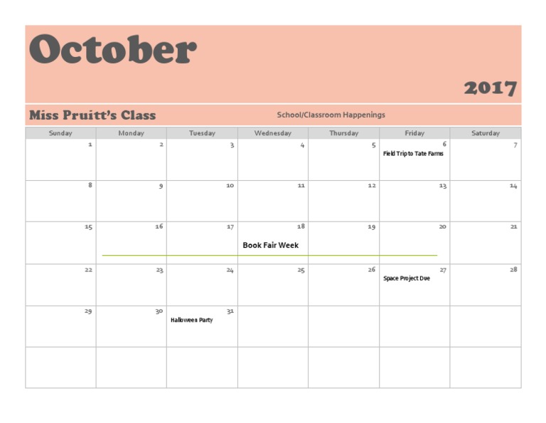 October 2017 Classroom Events Calendar | PDF
