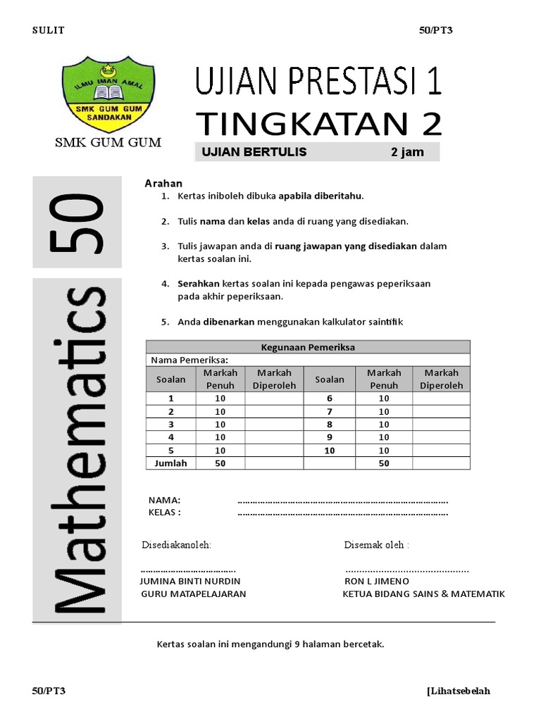 2016-UP1-Mathematics Form 2 | PDF