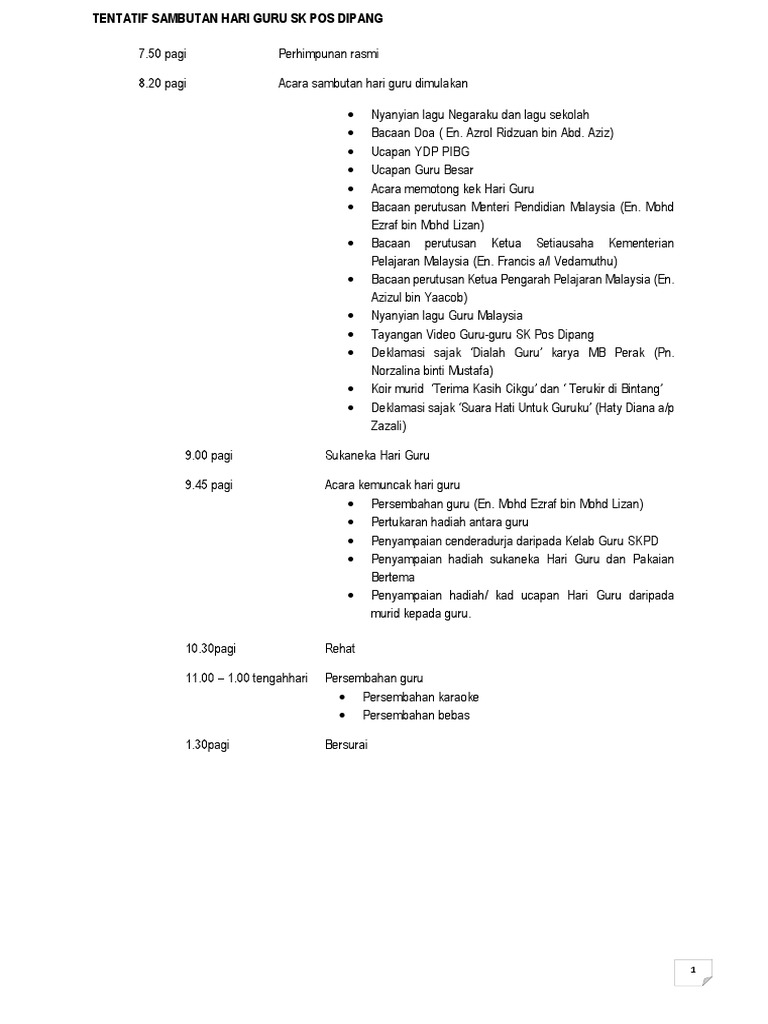 Tentatif Sambutan Hari Guru SK Pos Dipang | PDF