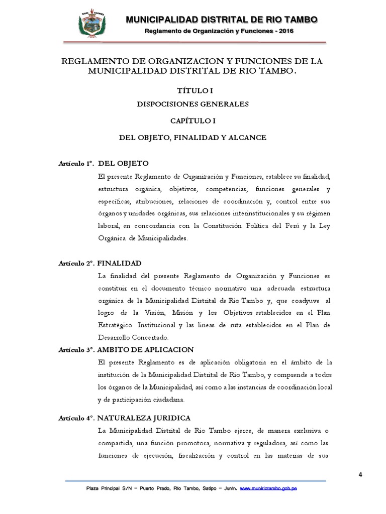 Reglamento de Organizacion y Funciones | PDF | Alcalde | Gobierno local