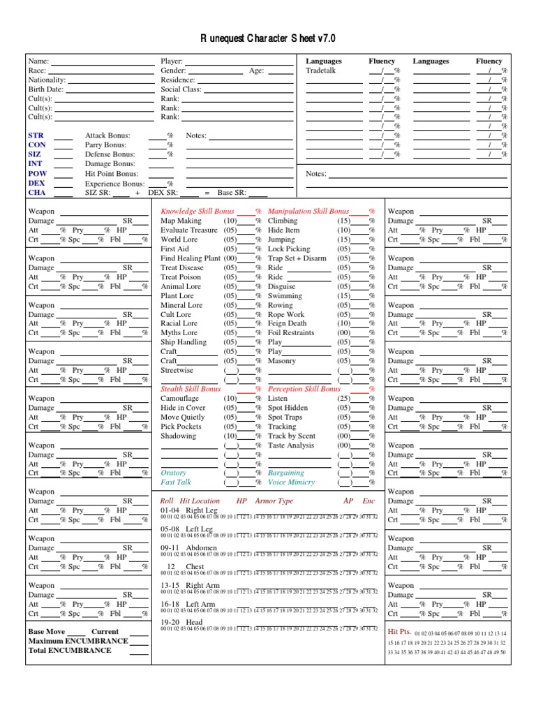 Runequest Character Sheet v7.0 | PDF | Role Playing Games | Leisure