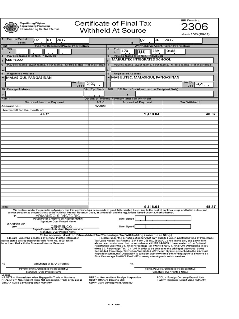 Form 2306 Witn Computation Electric Bill | PDF | Withholding Tax | Dividend