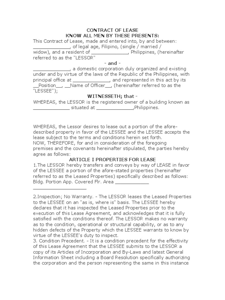 Commercial Lease Agreement Between a Lessor and Lessee for Rental of ...