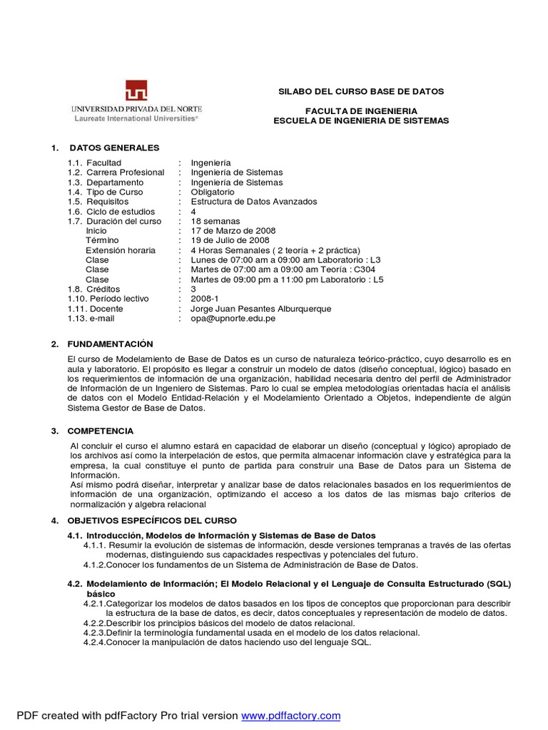 Sílabo de Base de Datos PDF | PDF | SQL | Base de datos relacional